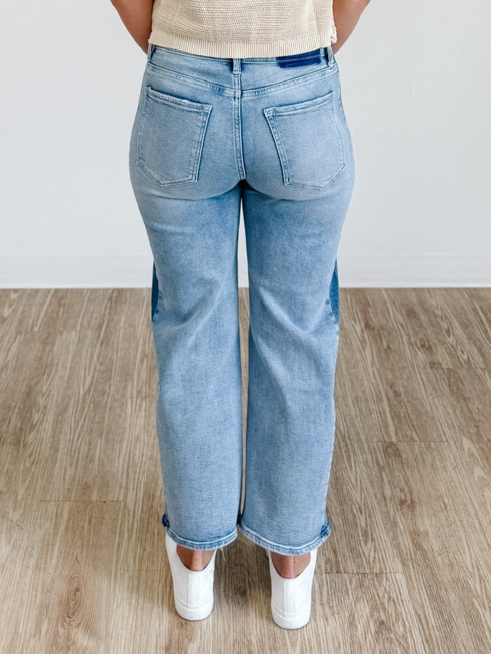 Two Toned Side Panel Stretch Barrel Leg Crop Jean – Miller The Label